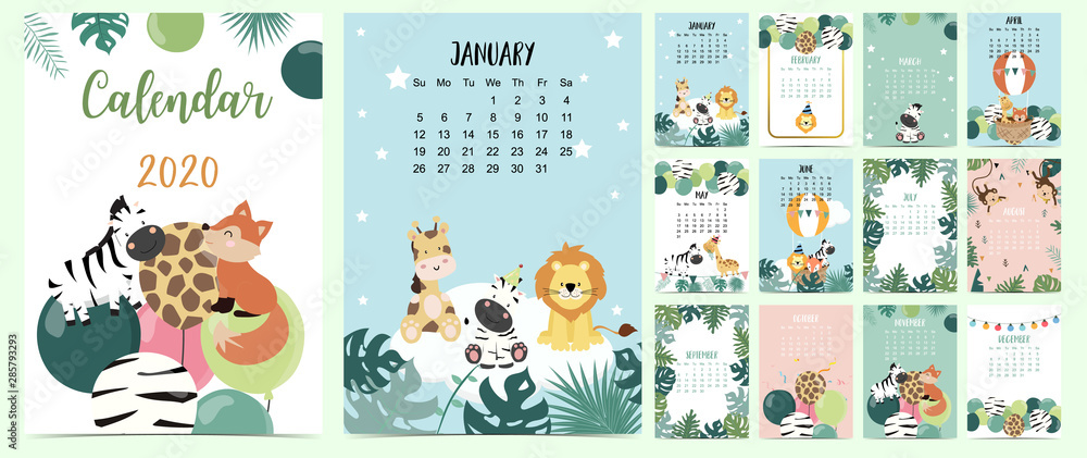 Doodle animal calendar set 2020 with gold geometric,safari,animal ...