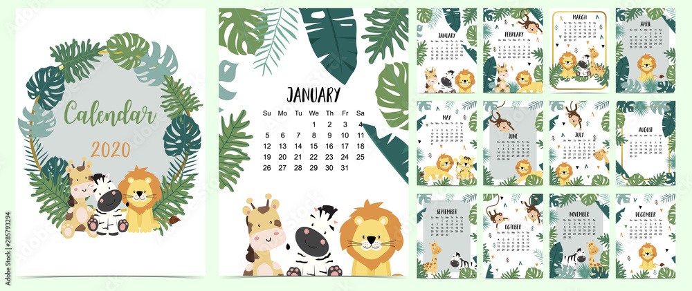 Doodle animal calendar set 2020 with gold geometric,safari,animal ...