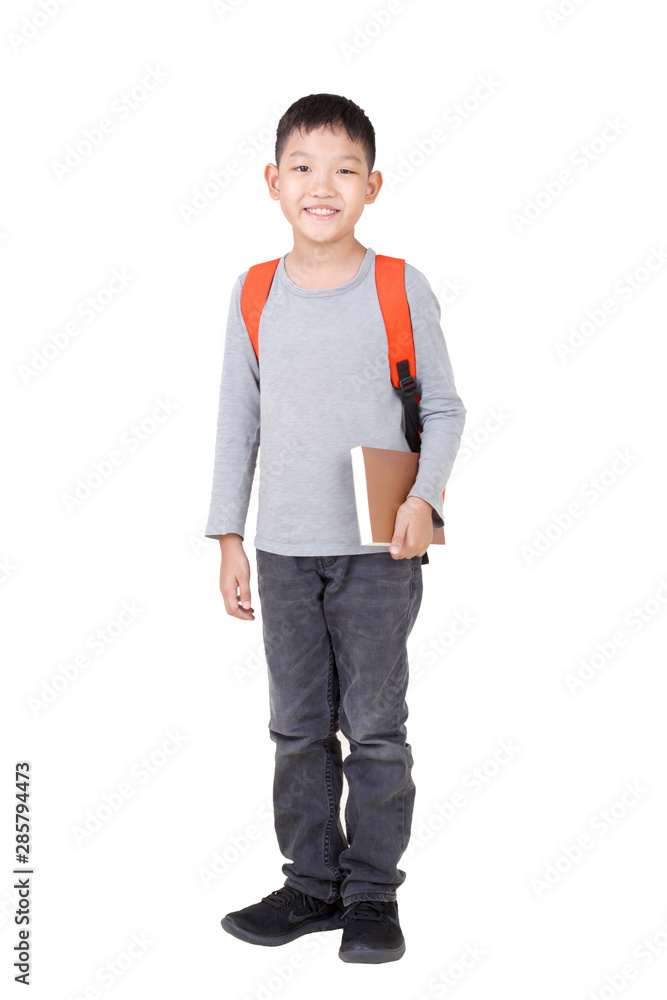 Asian Boy School kid holding book Hand up with orange backpack. Full ...