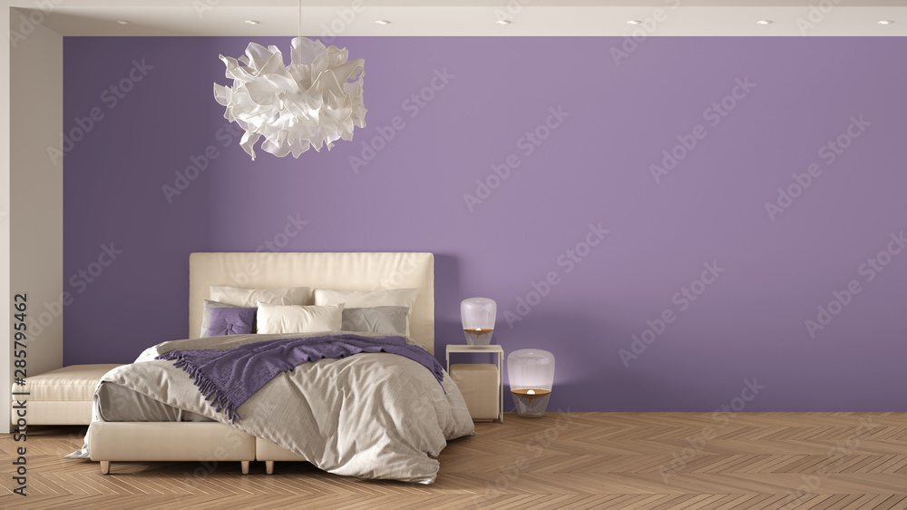 Minimalist violet background with master bedroom in contemporary space ...