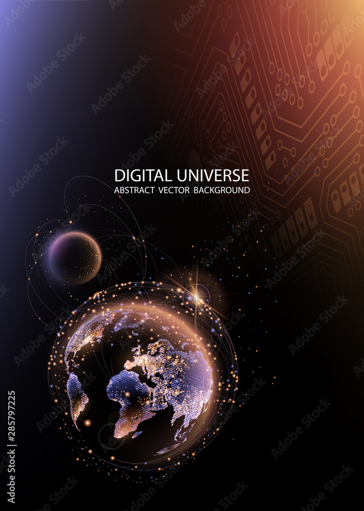 Map of the planet and abstract moon. World map. Global social network ...