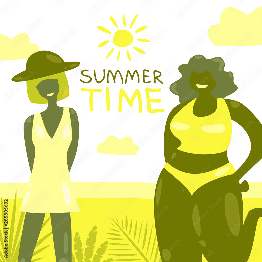 Cartoon woman on the beach in a swimsuit. Love your body. body positive ...