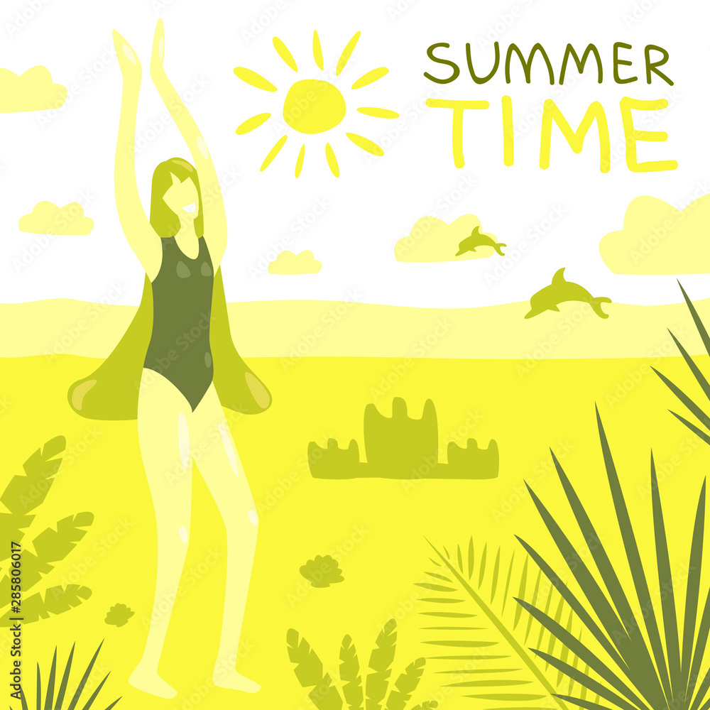 Cartoon woman on the beach in a swimsuit. Love your body. body positive ...