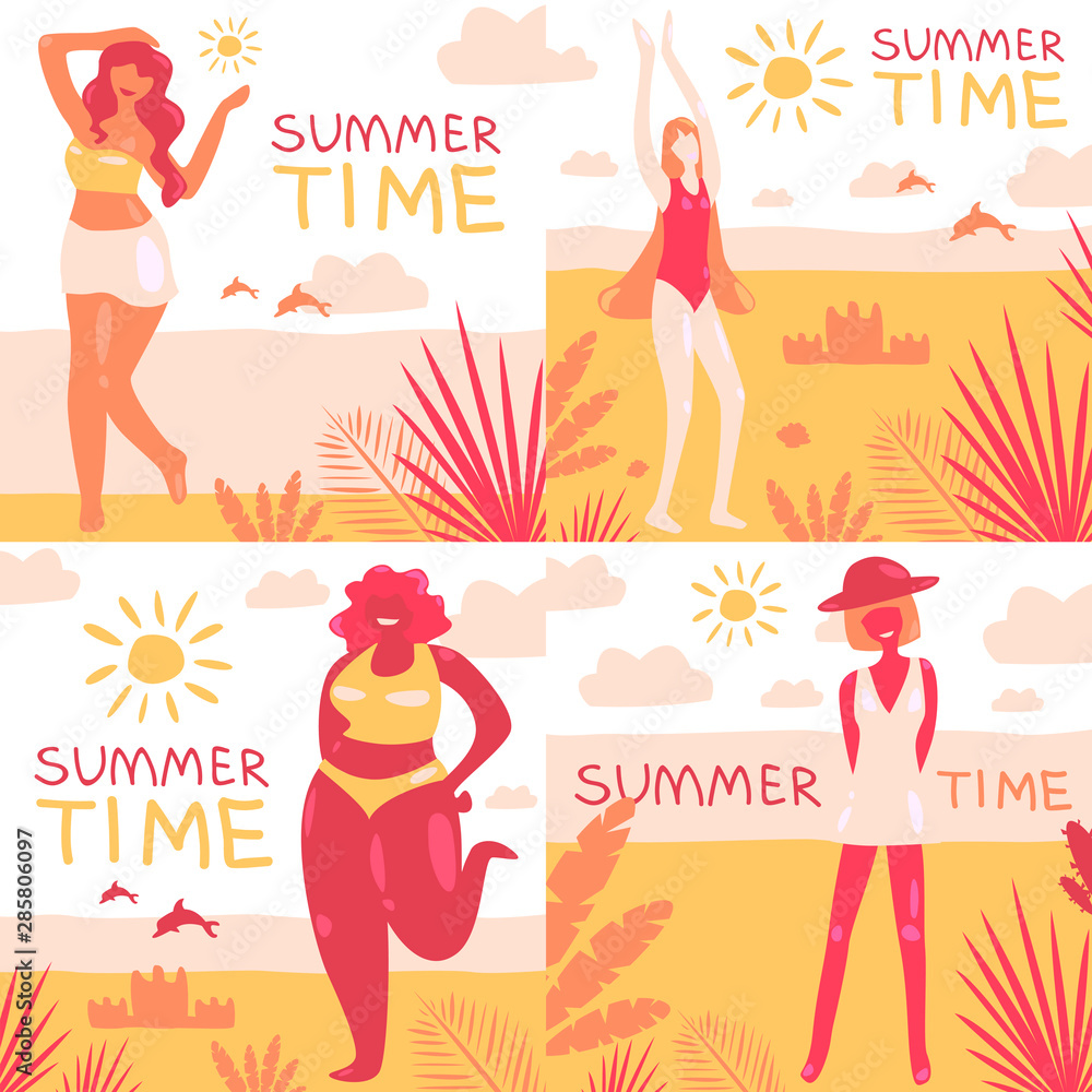 Cartoon woman on the beach in a swimsuit. Love your body. body positive ...