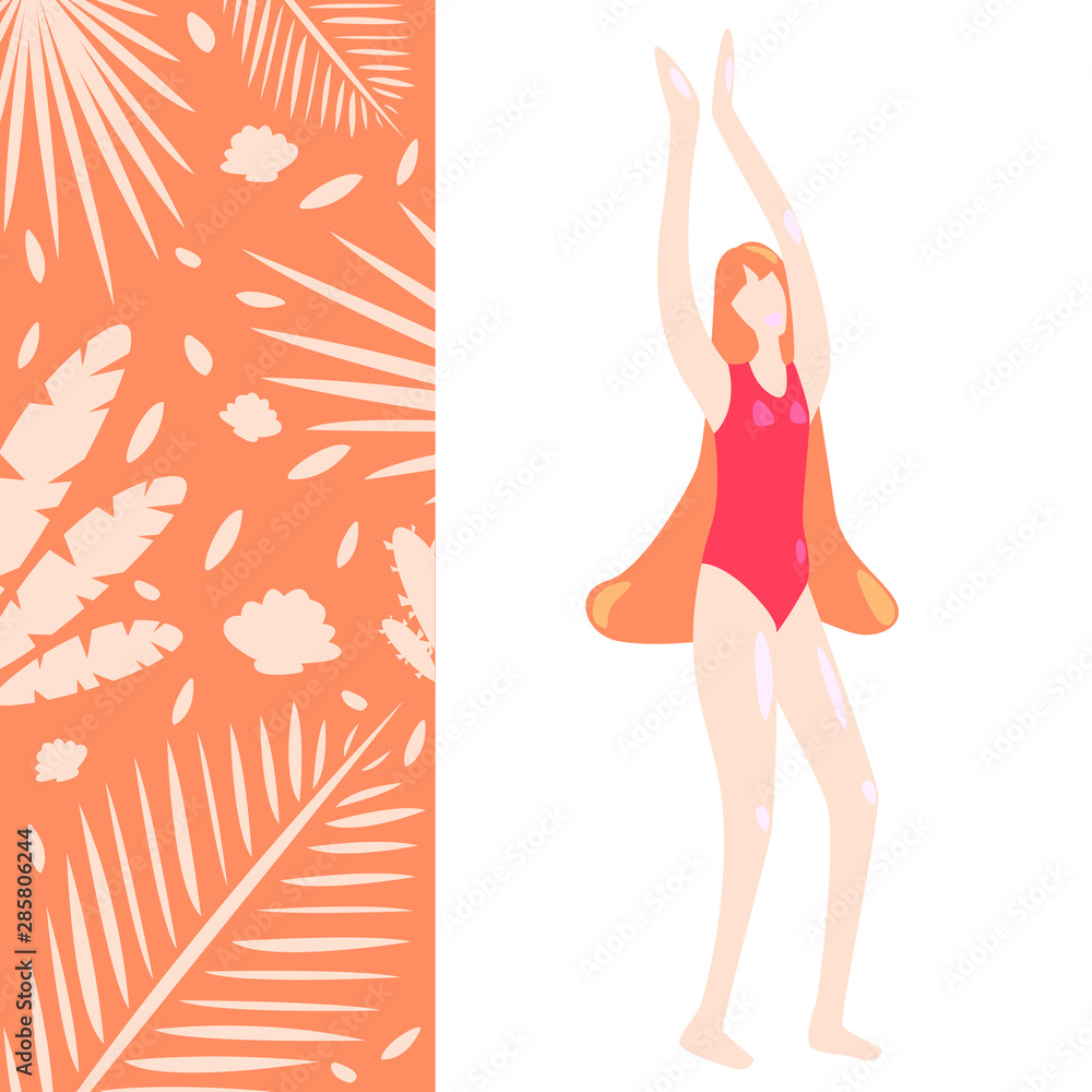 Cartoon woman on the beach in a swimsuit. Love your body. body positive ...