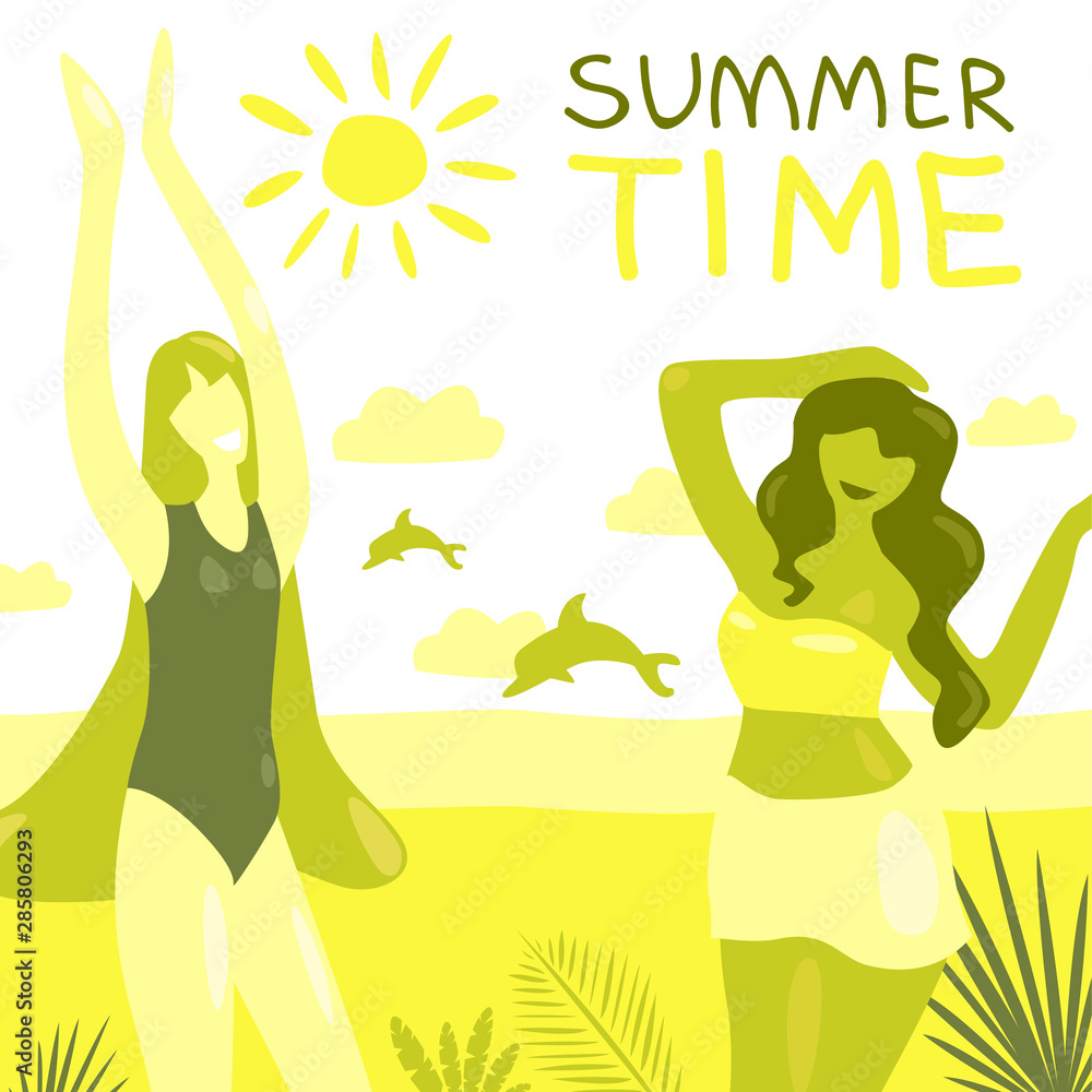 Cartoon woman on the beach in a swimsuit. Love your body. body positive ...