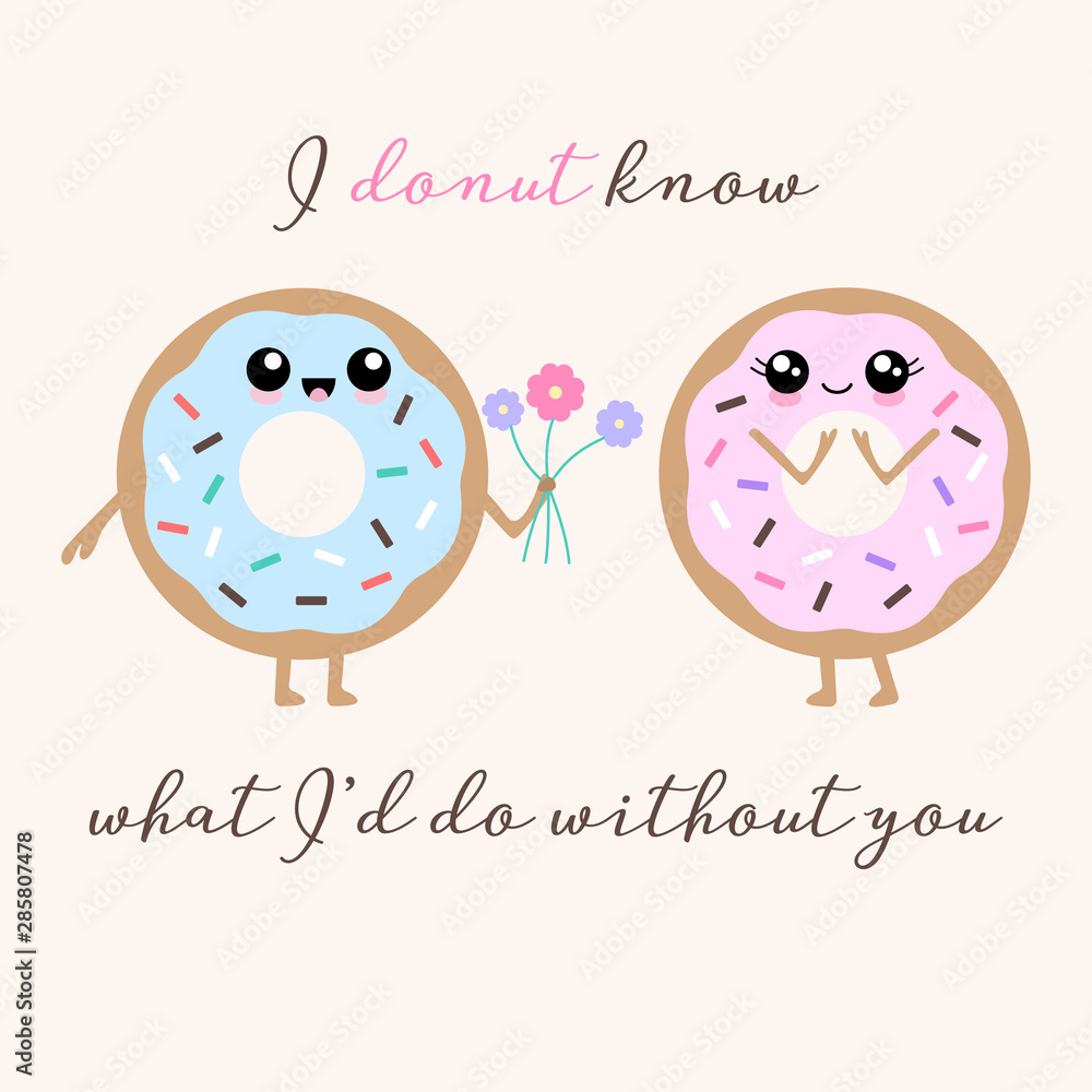 Vector illustration of 2 kawaii donuts with a cute happy faces and ...