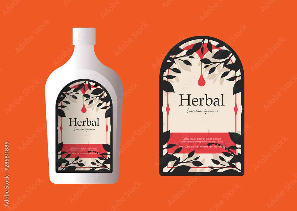 Herbal packaging label layout design and 3d bottle vector mockup set ...