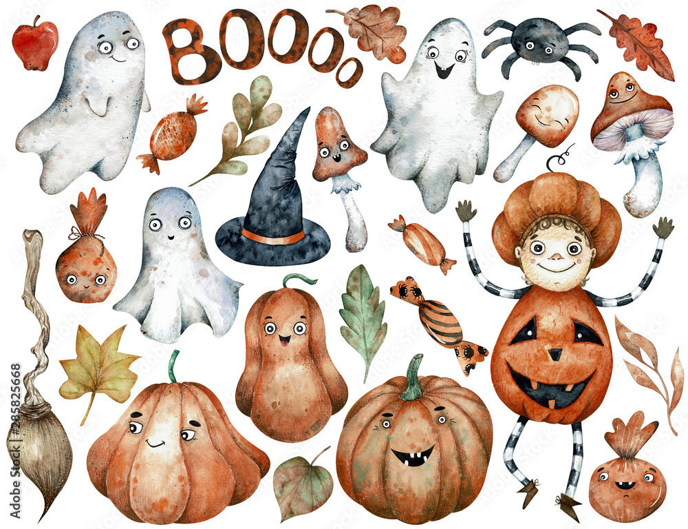 Halloween set of watercolor elements with pumpkins, spider, ghosts ...