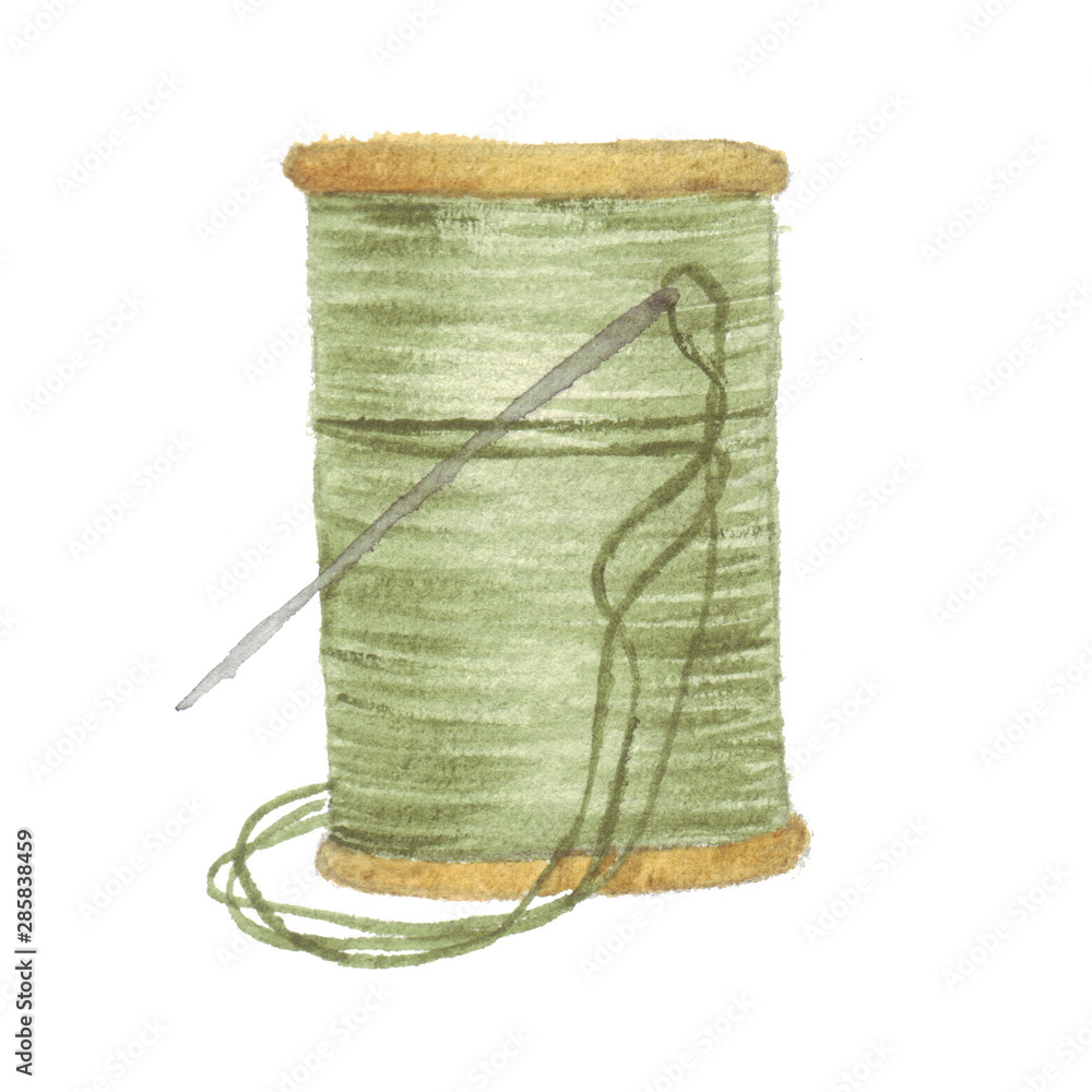 Spool of green thread and a needle. Watercolor illustration Stock ...