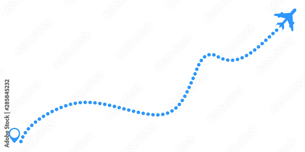Airplane travel track with GPS point. Line path icon. Flight start ...