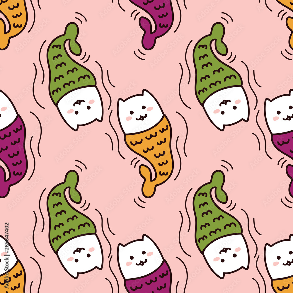 Kawaii mermaid cats swimming, super cute happy colorful seamless ...