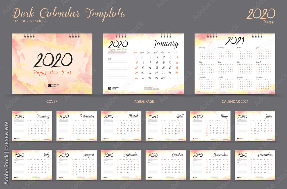 Desk calendar 2020 template, Calendar 2021, Set of 12 Months, Planner ...