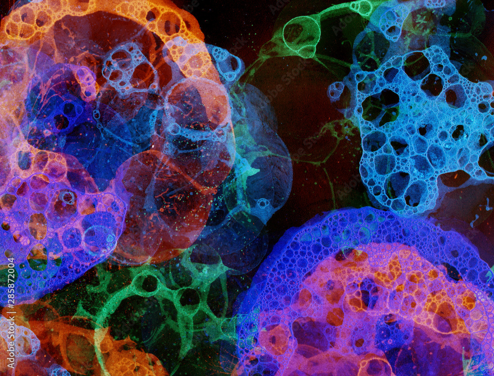 colorful neon bubbles resembling bacteria under the microscope Stock ...