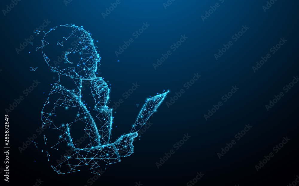 Thinking businessman and hand holding paper from lines, triangles and ...