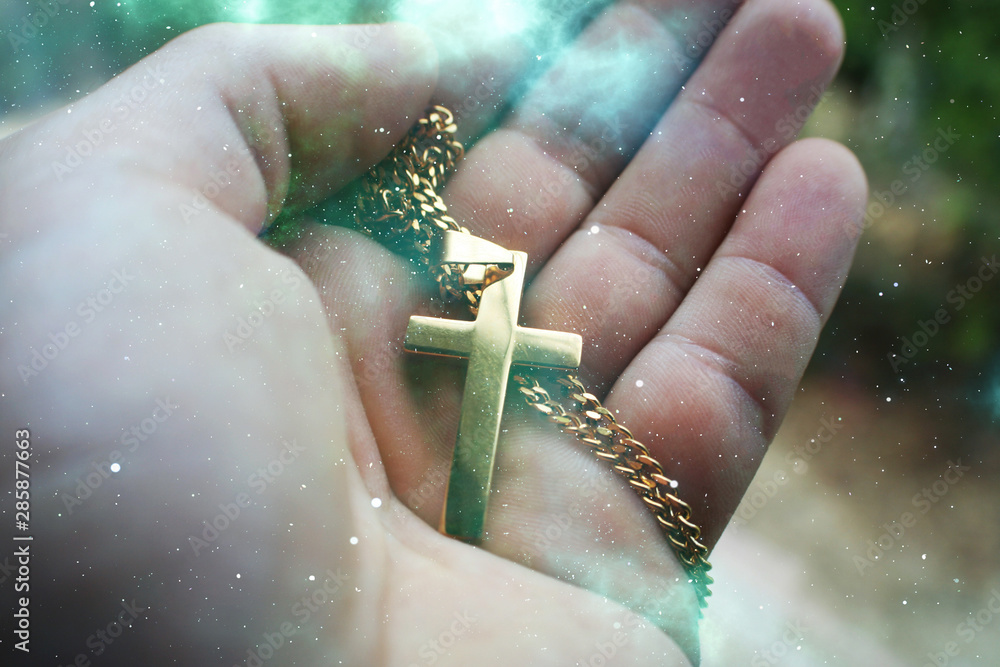 Religious Art With Catholic Golden Cross In Palm Of Hand With Stars ...