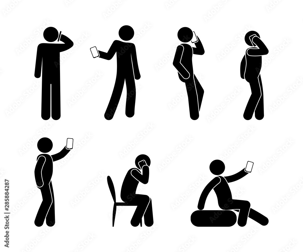 man with phone icon set, stick figure people take selfie and speak by ...