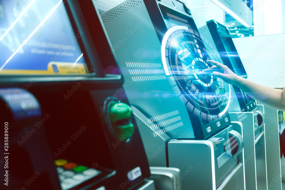 attractive asian woman hand touch digital virtual device screen atm ...