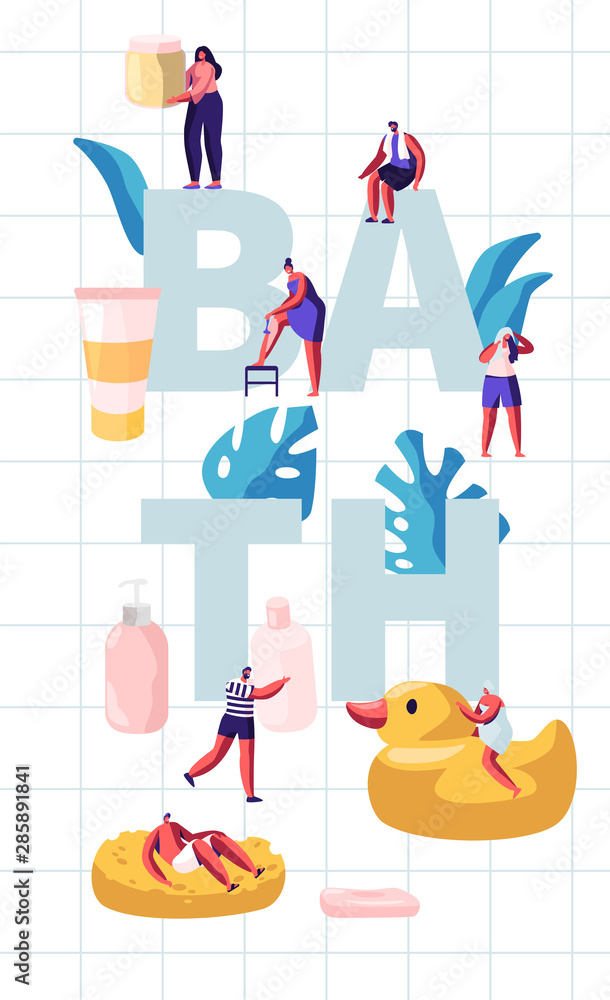 People in Bathroom Concept. Tiny Characters Washing and Taking Bath ...