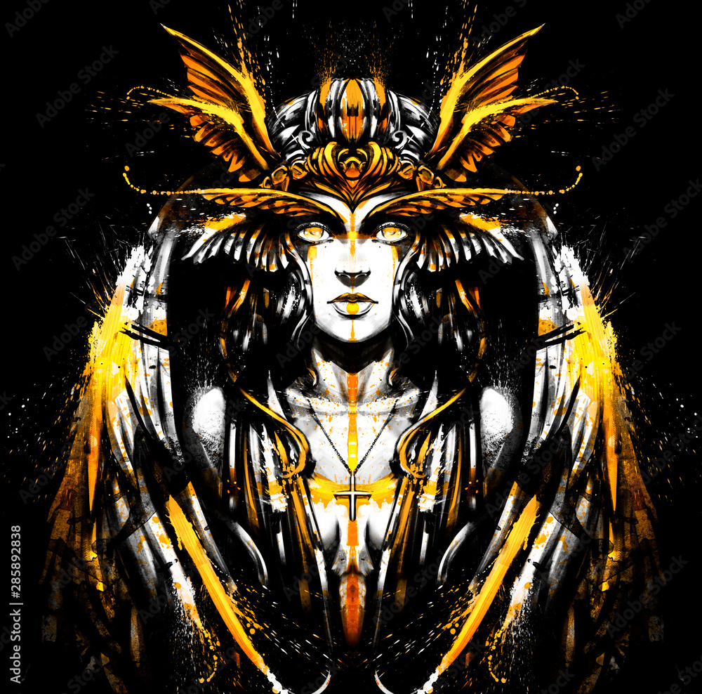 Beautiful harpy woman with wings on her head and shoulders, painted ...