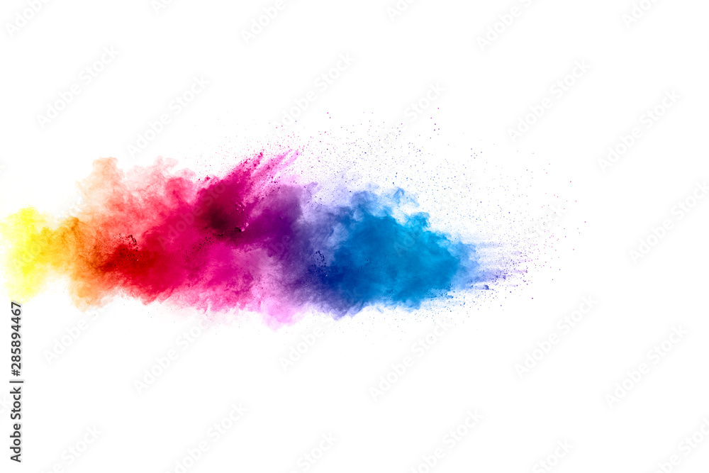 Abstract color powder explosion on white background.Freeze motion of ...