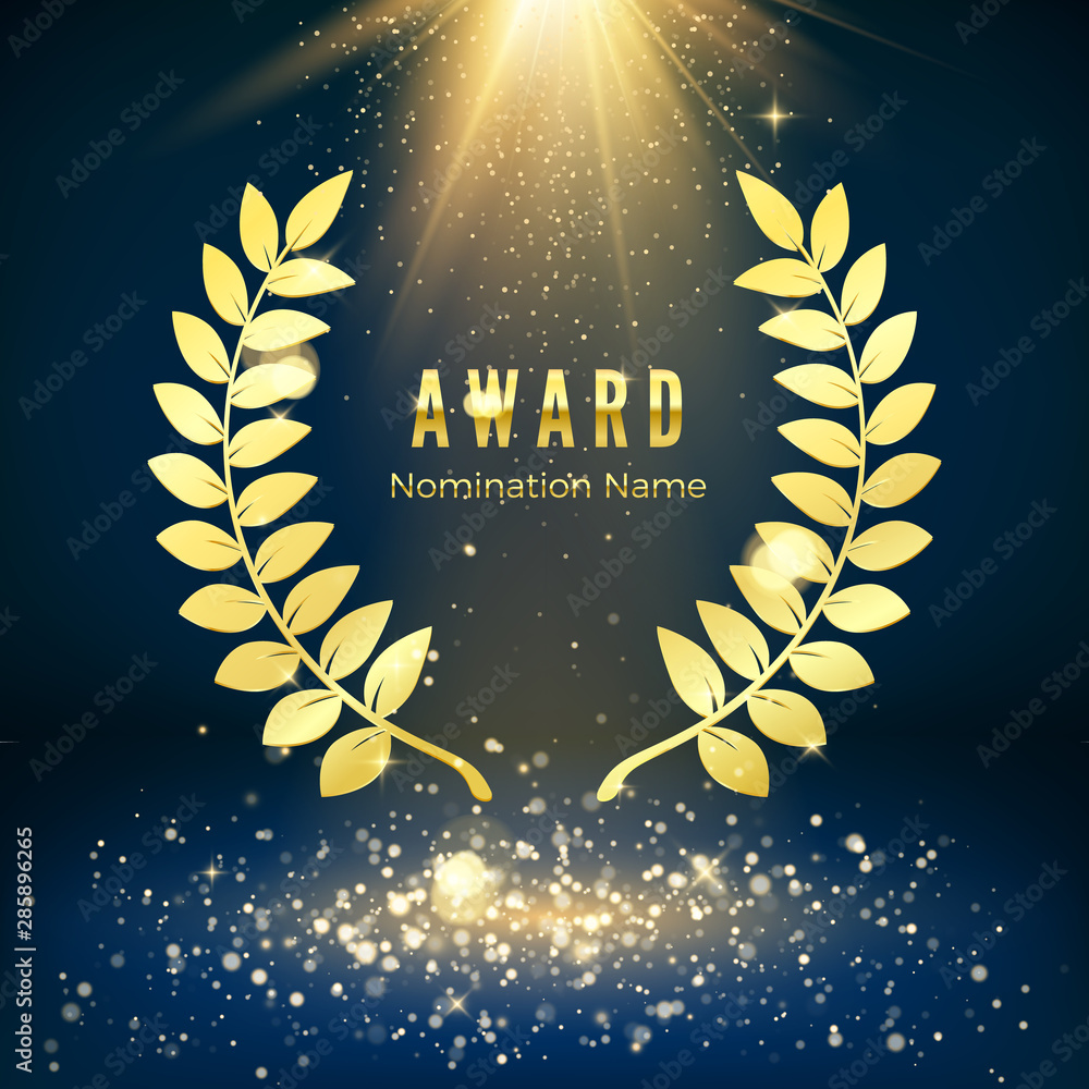 Golden shiny award sign. Laurel wreath on dark luxury background with ...
