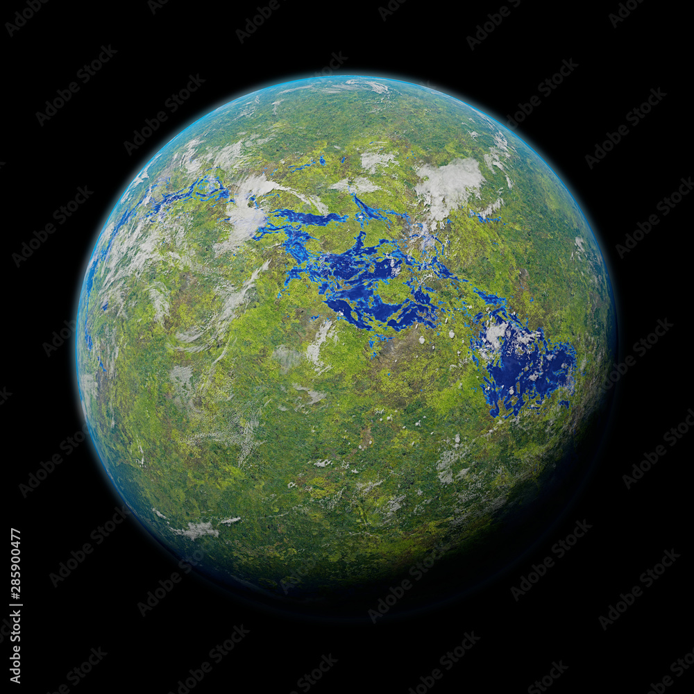green alien planet, jungle exoplanet with surface water and plant life ...