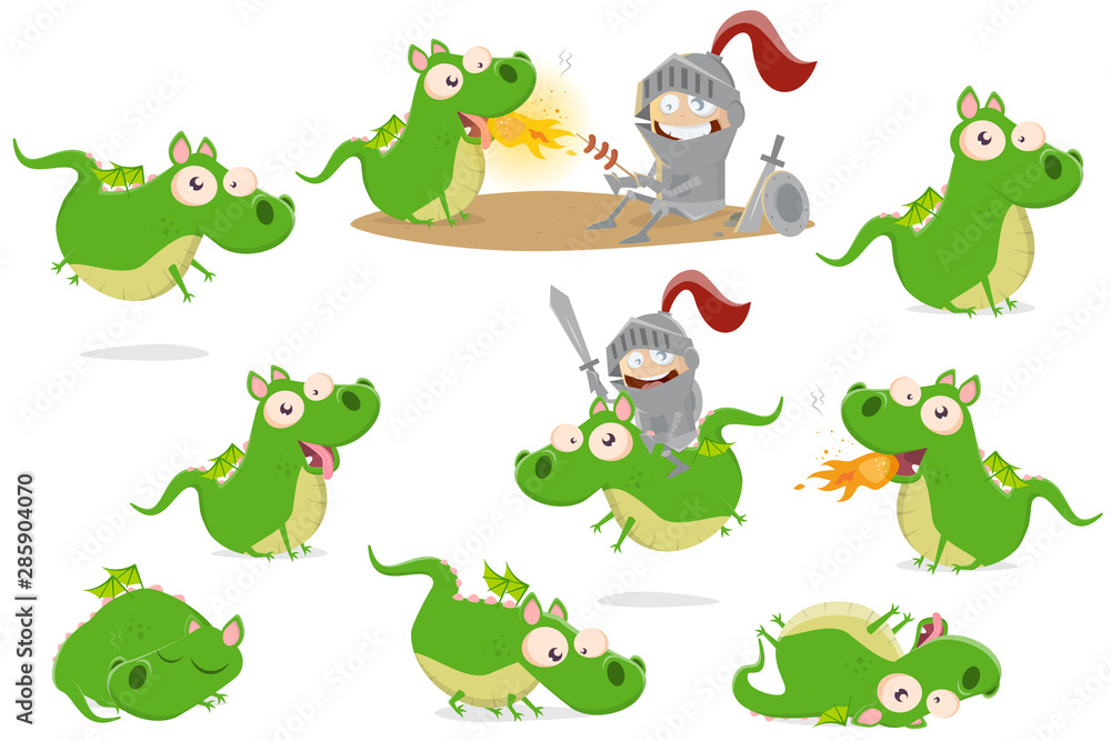 big collection of a funny cartoon dragon in different situations Stock ...