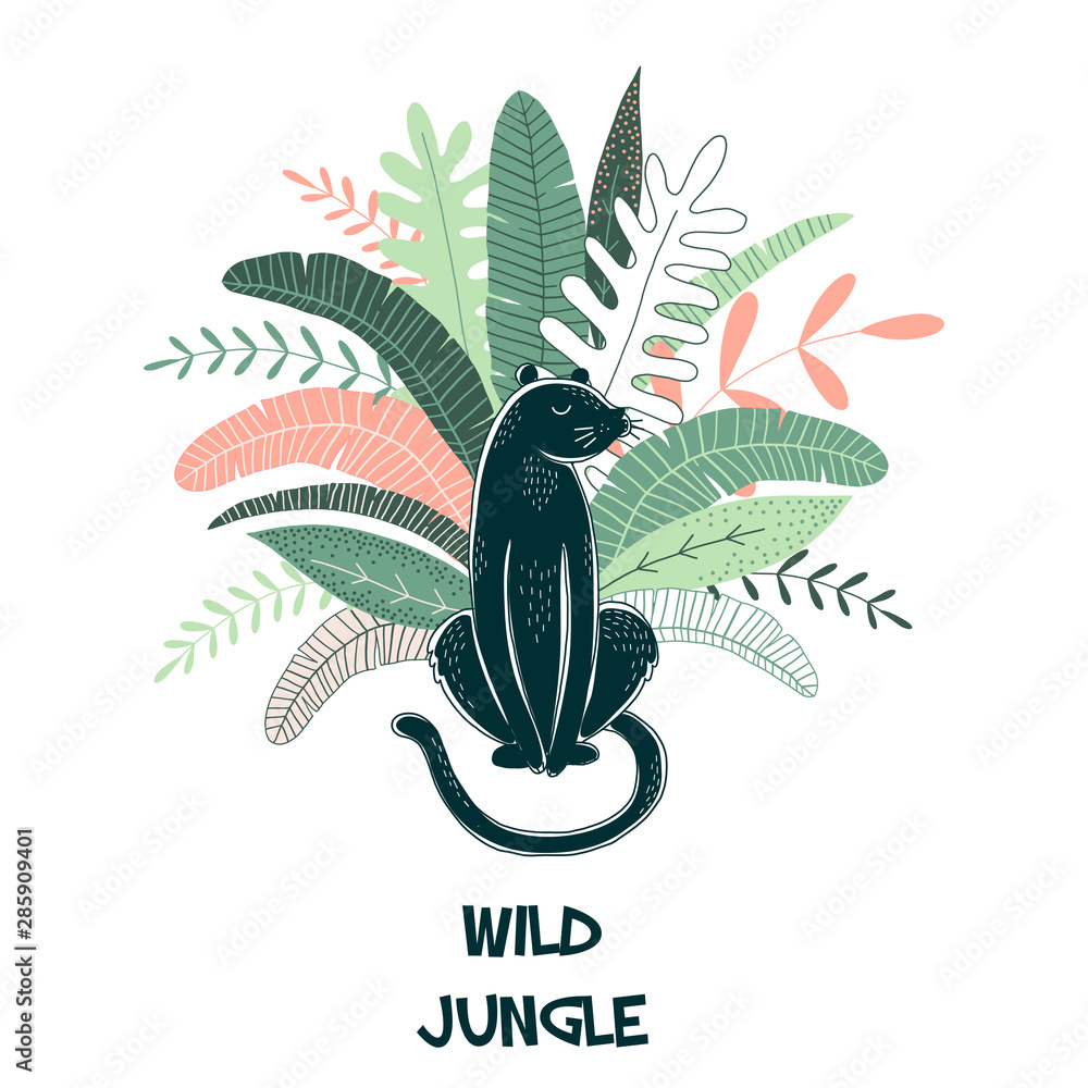Wild jungle hand drawn vector illustration. Puma, panther isolated ...