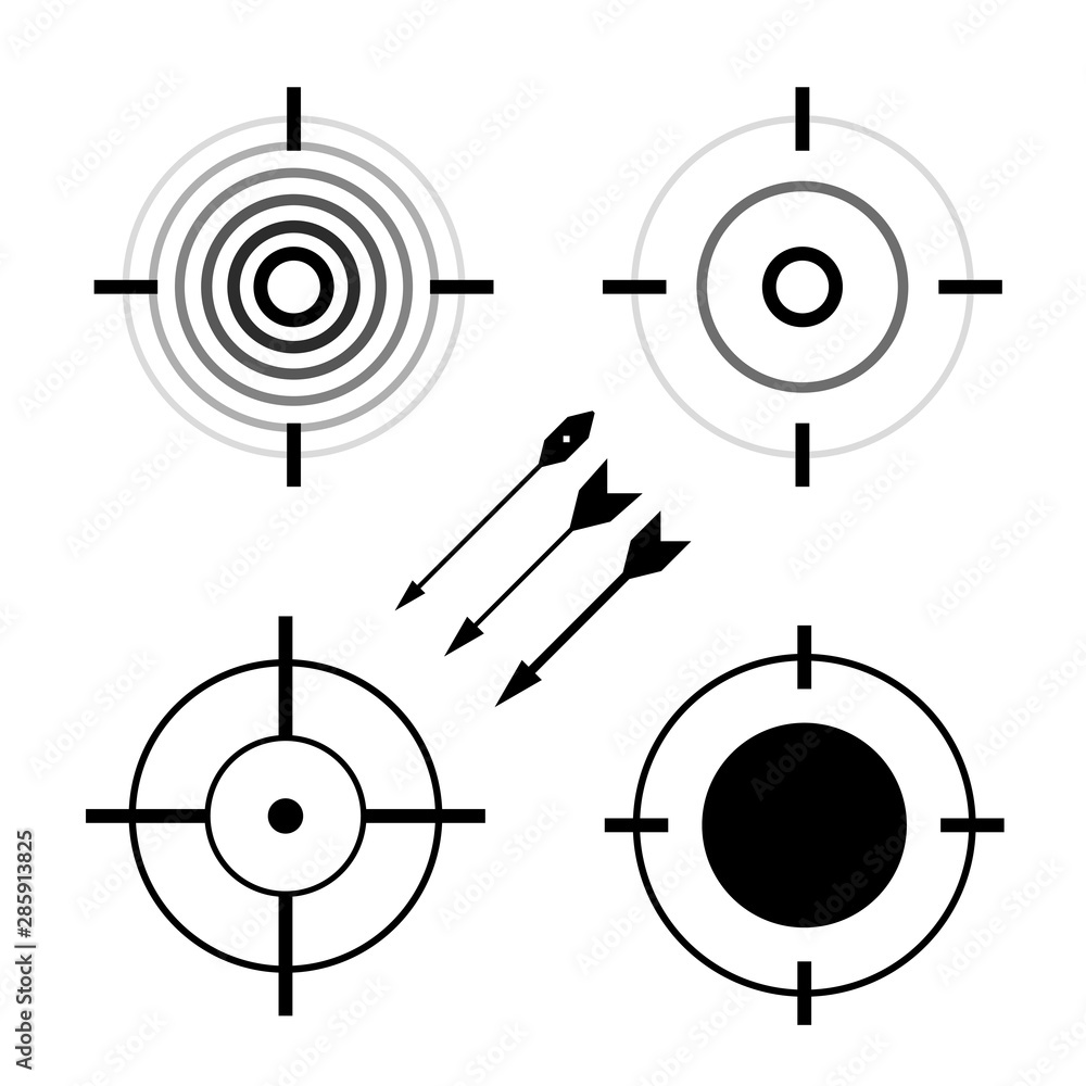 Target symbols set. Bullseye darts vector icon with arrows. Hit the ...