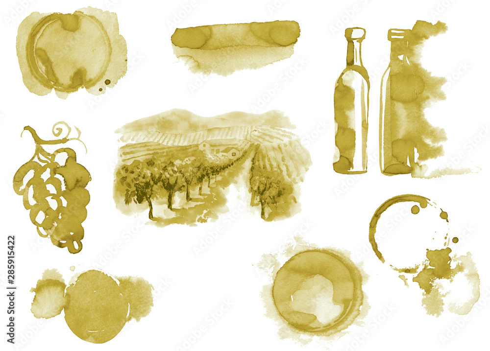 Red wine set isolated on white background. wine texture watercolor ...