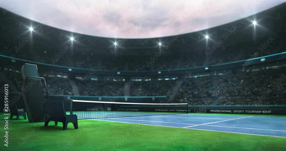 Blue and green tennis court stadium with fans at daytime animation ...