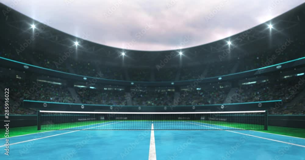 Blue and green tennis court stadium with fans at daytime, players front ...