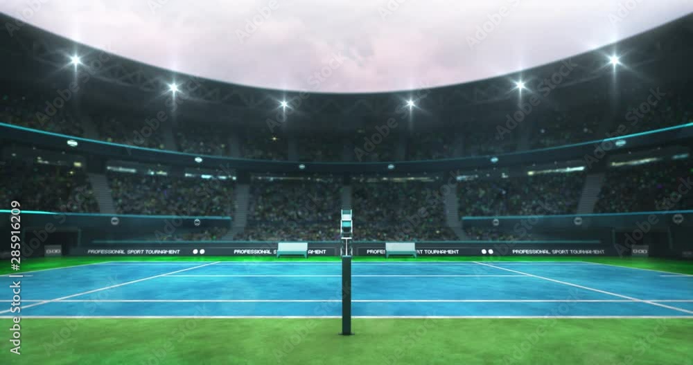 Blue and green tennis court stadium with fans at daytime, side referee ...