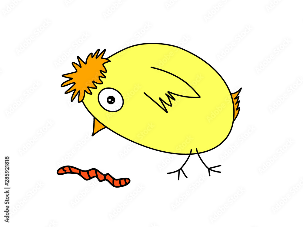 Cartoon chicken is bending over a crawling worm. Farm life. Stock ...