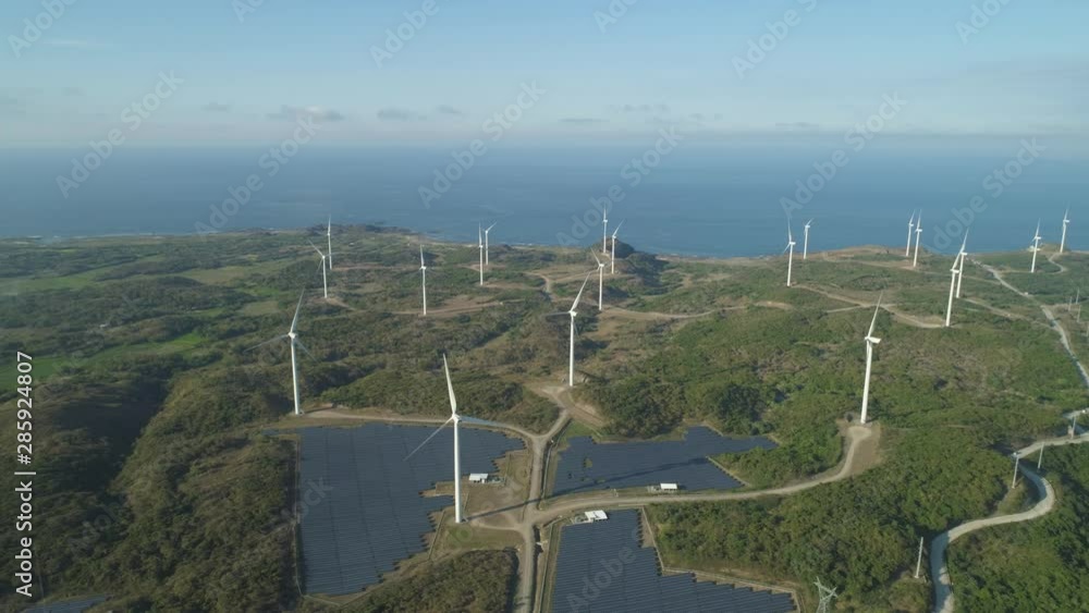 Aerial view of wind turbines, windmills for electric power production ...