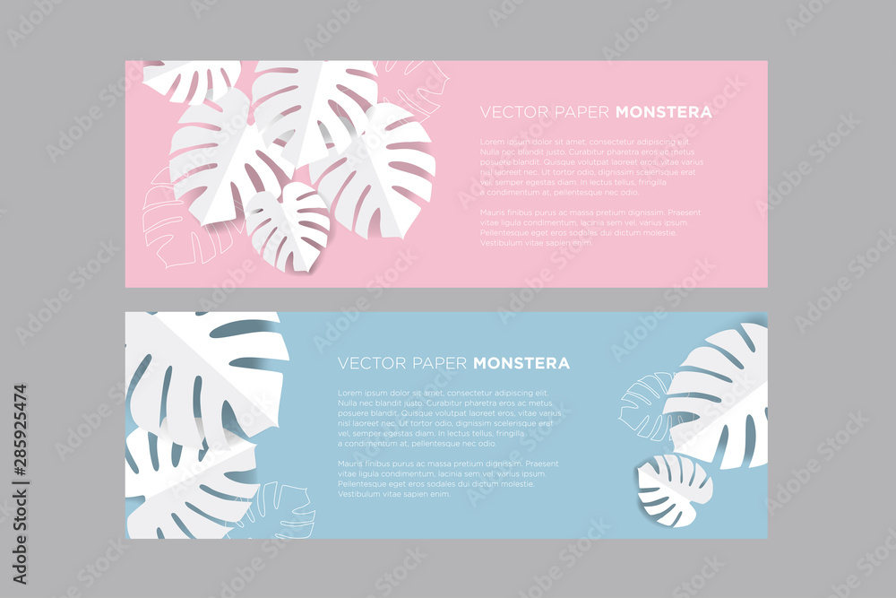 Paper 3d palm leaves collage banners temlates on pastel background ...