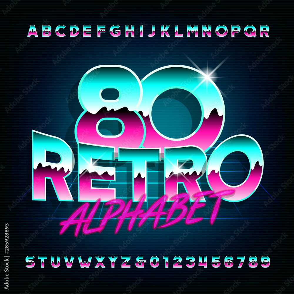 80s Retro alphabet font. Shiny letters and numbers on dark background ...