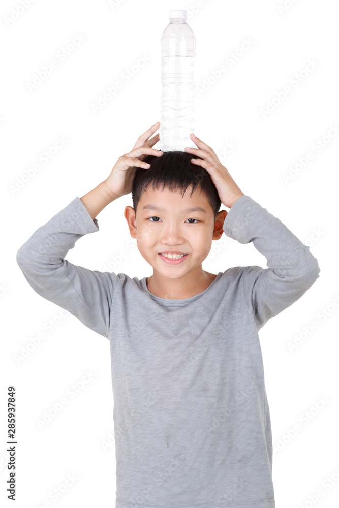 Asian Boy holding Water Bottle on Head Isolated on white background ...
