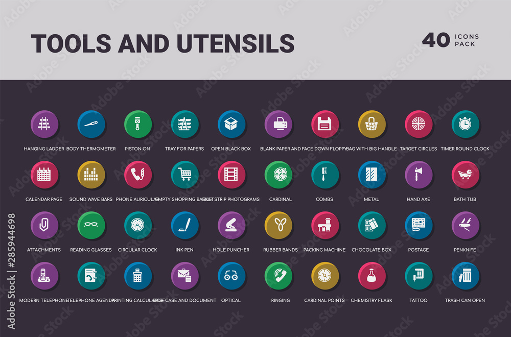 tools and utensils concept 40 colorful round icons set Stock Vector ...
