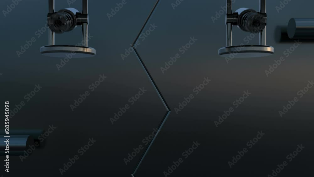 3d animation of closing metallic gateway. Appearing of auto turret ...