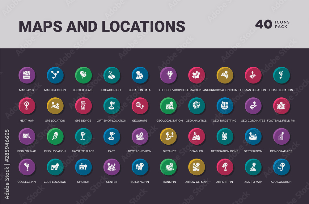 maps and locations concept 40 colorful round icons set Stock Vector ...