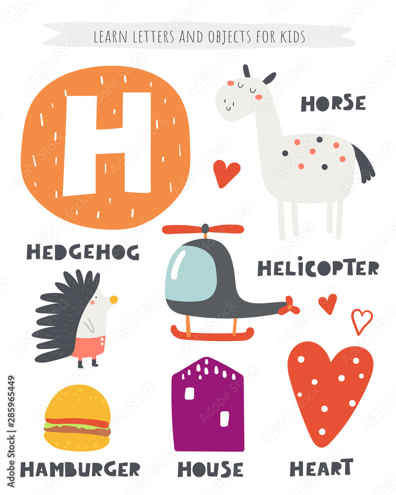 H letter objects and animals including hedgehog, helicopter, horse ...