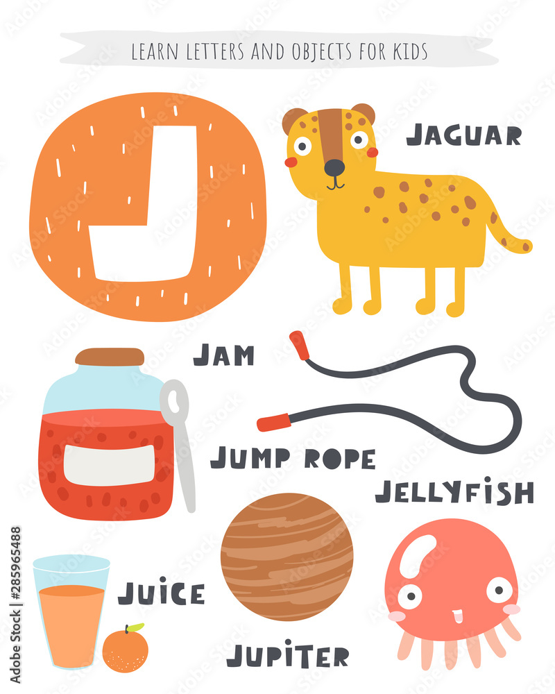 J letter objects and animals including jaguar, jam, jump rope, juice ...
