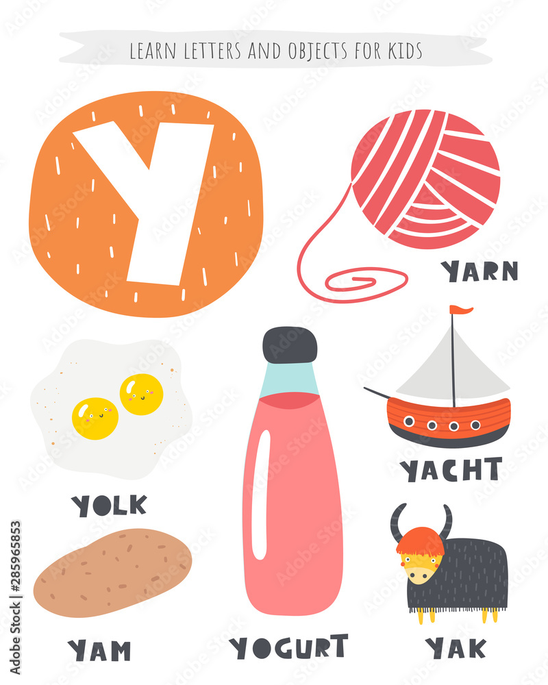 Y letter objects and animals including yam, yolk, yogurt, yak, yacht ...