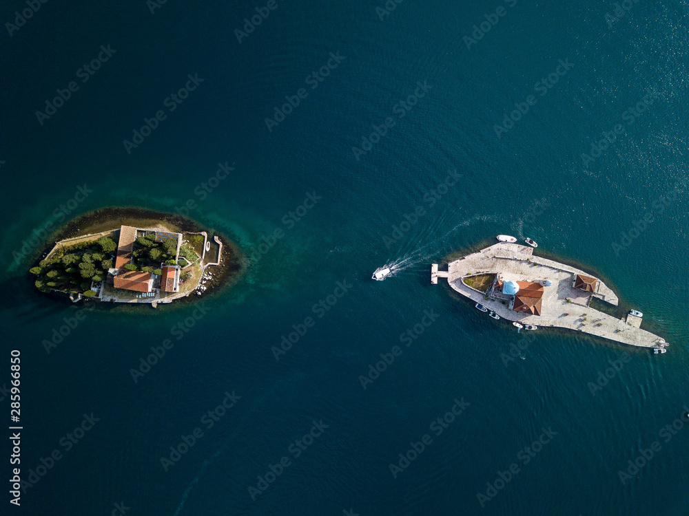 Aerial photo of St. George and monastery on the islands near Perast ...