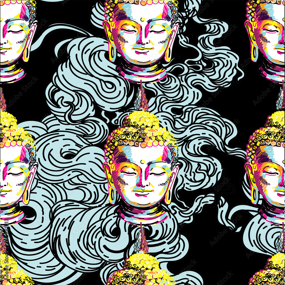 Buddha seamless pattern. Buddhism, yoga. Figure markers. Pop Art ...