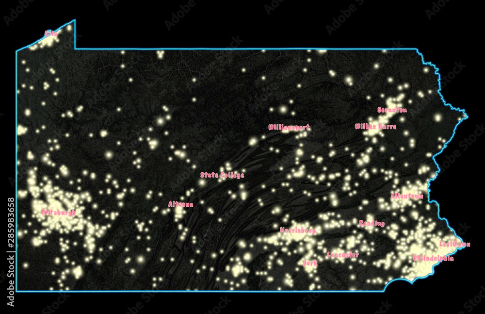 Pennsylvania Night Lights Map (Blue, Labeled) Stock Photo | Adobe Stock