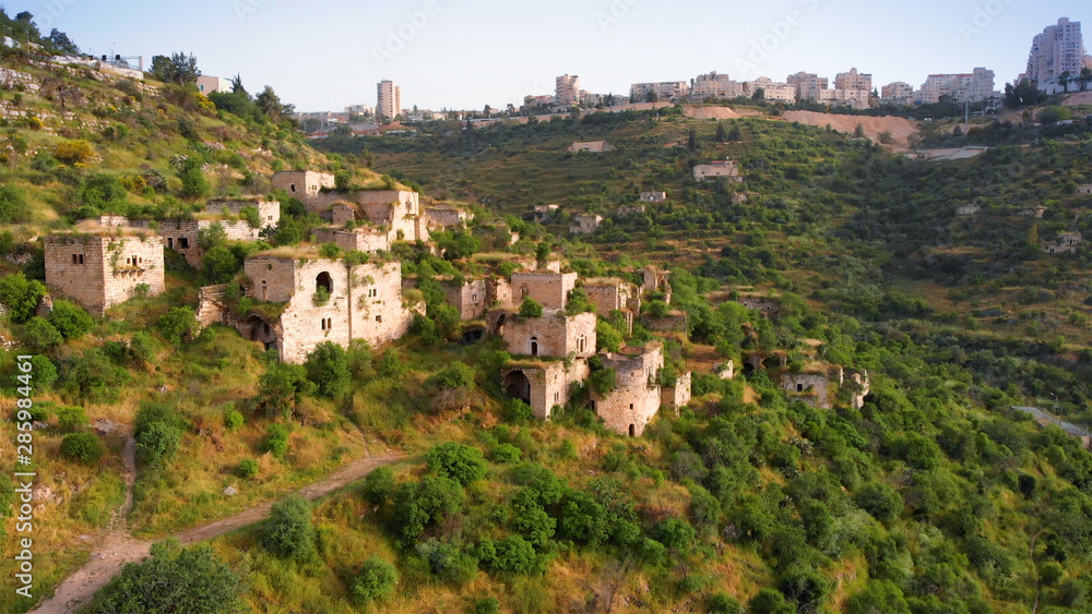 Flying over abandoned Palestinian Lifta Village Aerial view of Lifta ...