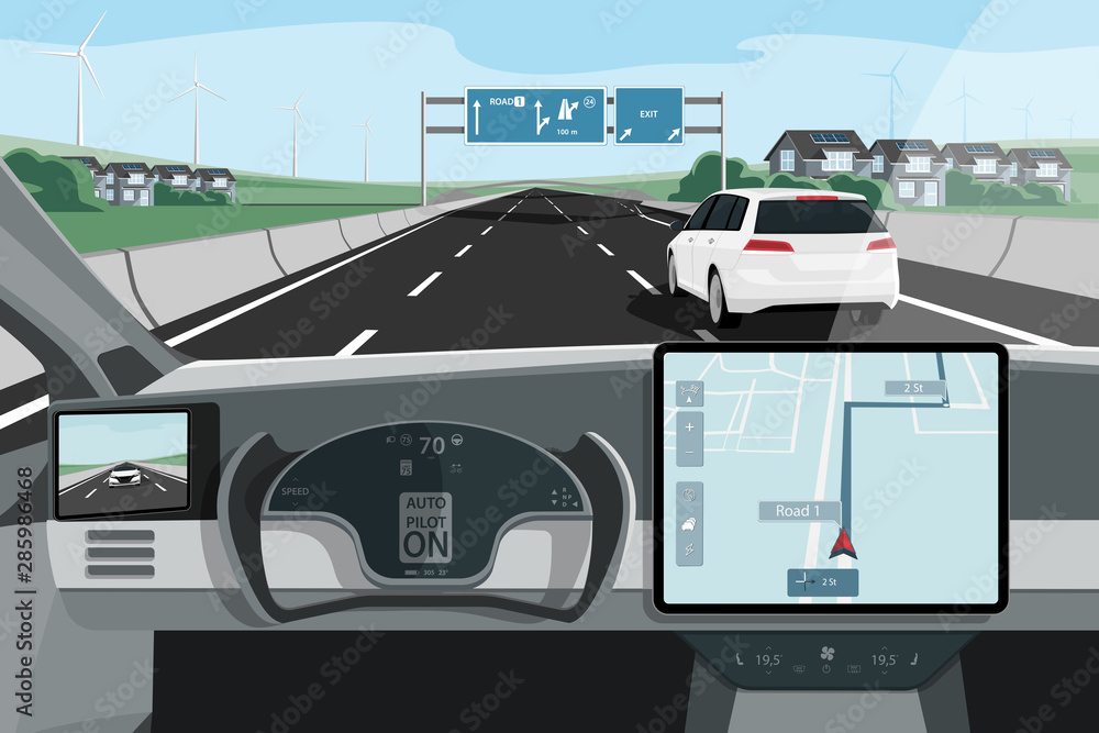 Self driving car on a road. Autonomous vehicle. Inside view. Vector ...